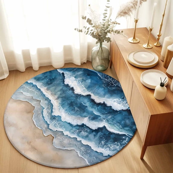 Beach Blue Wave Abstract Art Round Rug 3ft Summer Coastal Seaside ...