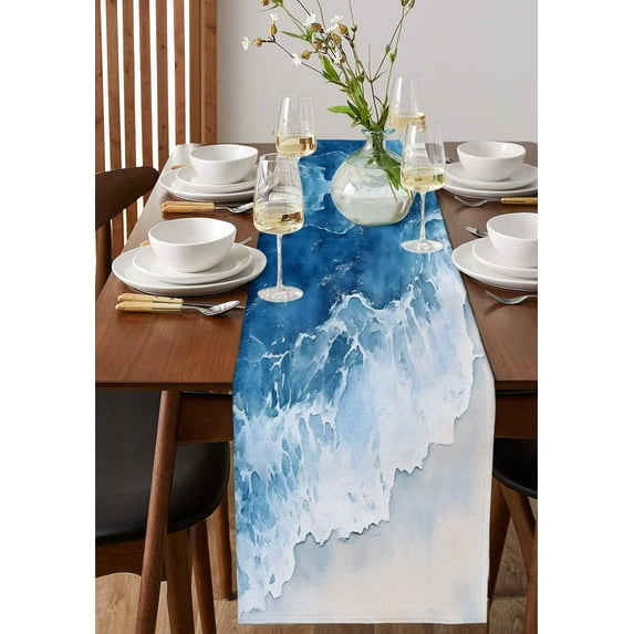 Beach Blue Wave Abstract Art Table Runner 13x72in Non-Slip Cotton Linen ...
