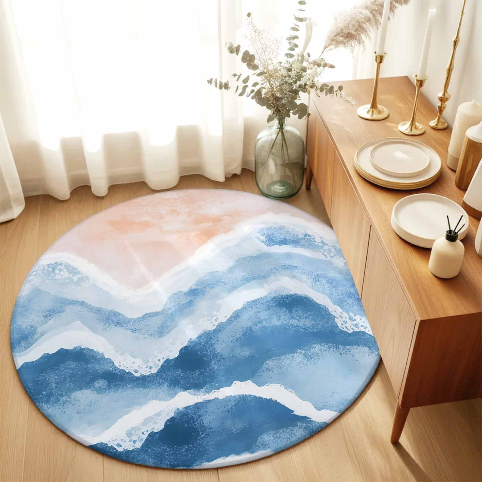 Beach Blue Waves Gradient Water Ripple Round Rug 3ft Abstract Geometric ...