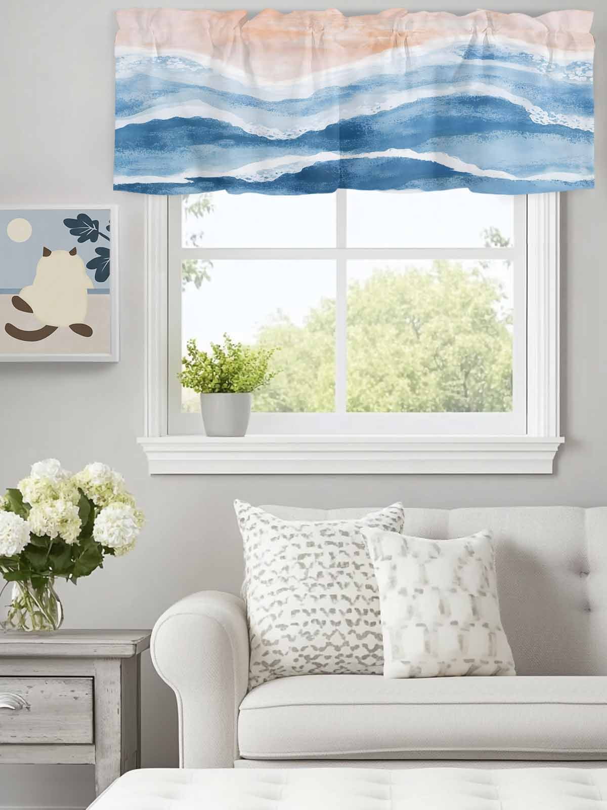 Beach Blue Waves Gradient Water Ripple Valances for Windows,Kitchen ...