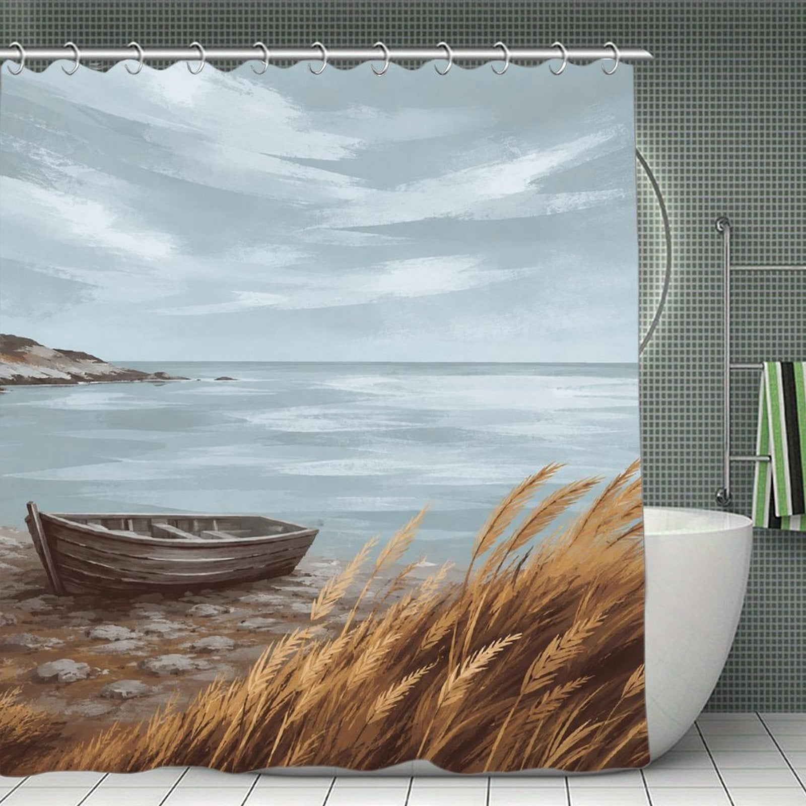 Beach Boat And Reeds Print Shower Curtain,Cloth Fabric Waterproof ...