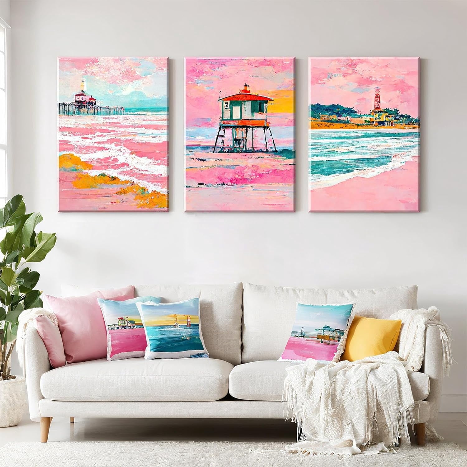 Beach Boho Poster Preppy Coastal Pastel Surf Artwork Pink Lighthouse ...