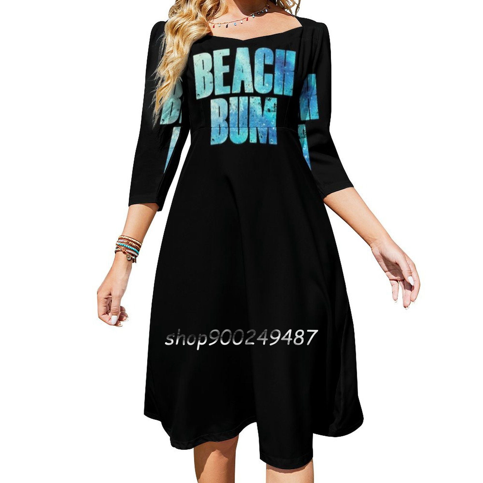 Beach Bum Flare Dress Square Neck Dress Elegant Female Fashion Printed ...
