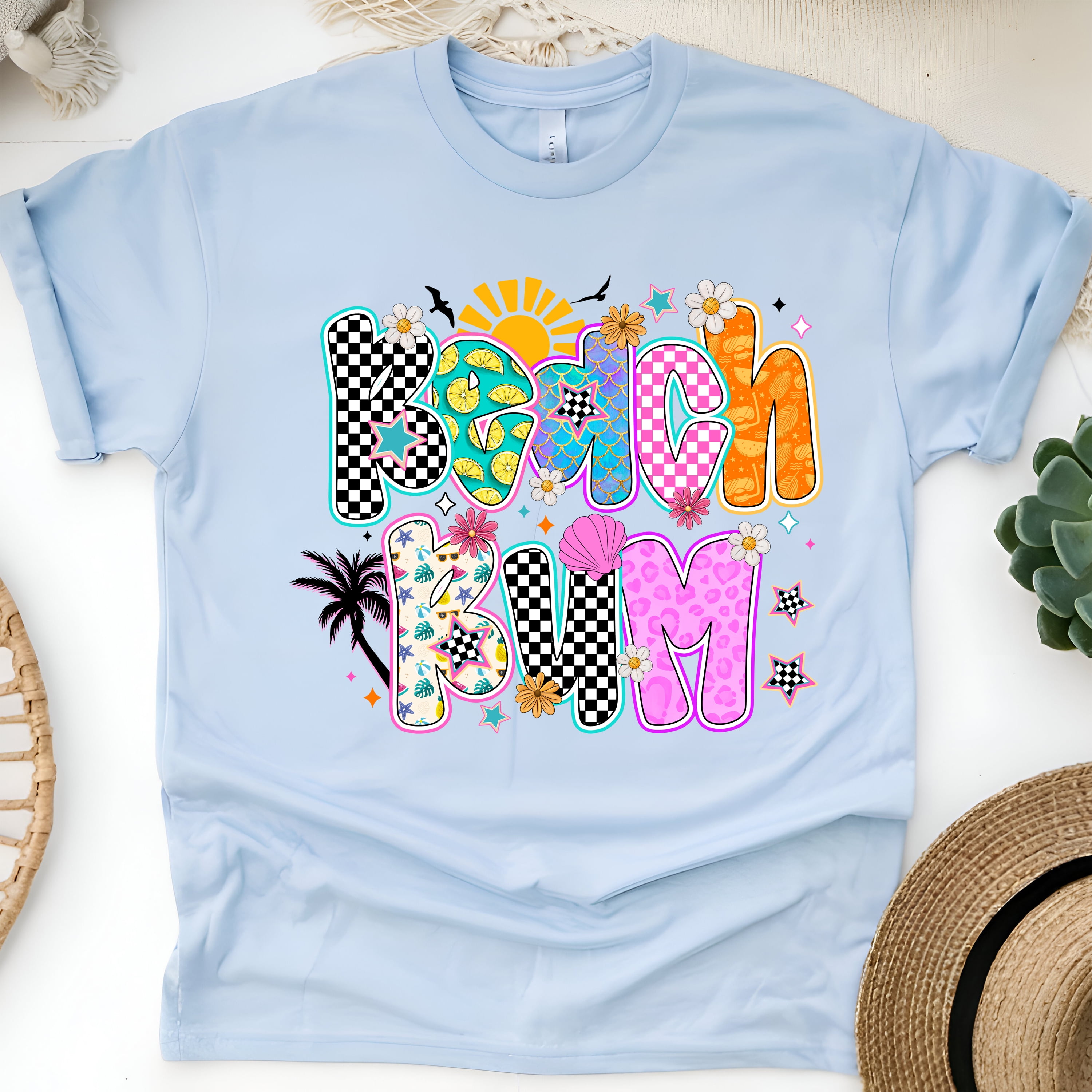 Beach Bum Retro Checkered Shirt – Funky Vacation Vibe Tee, Light Blue ...