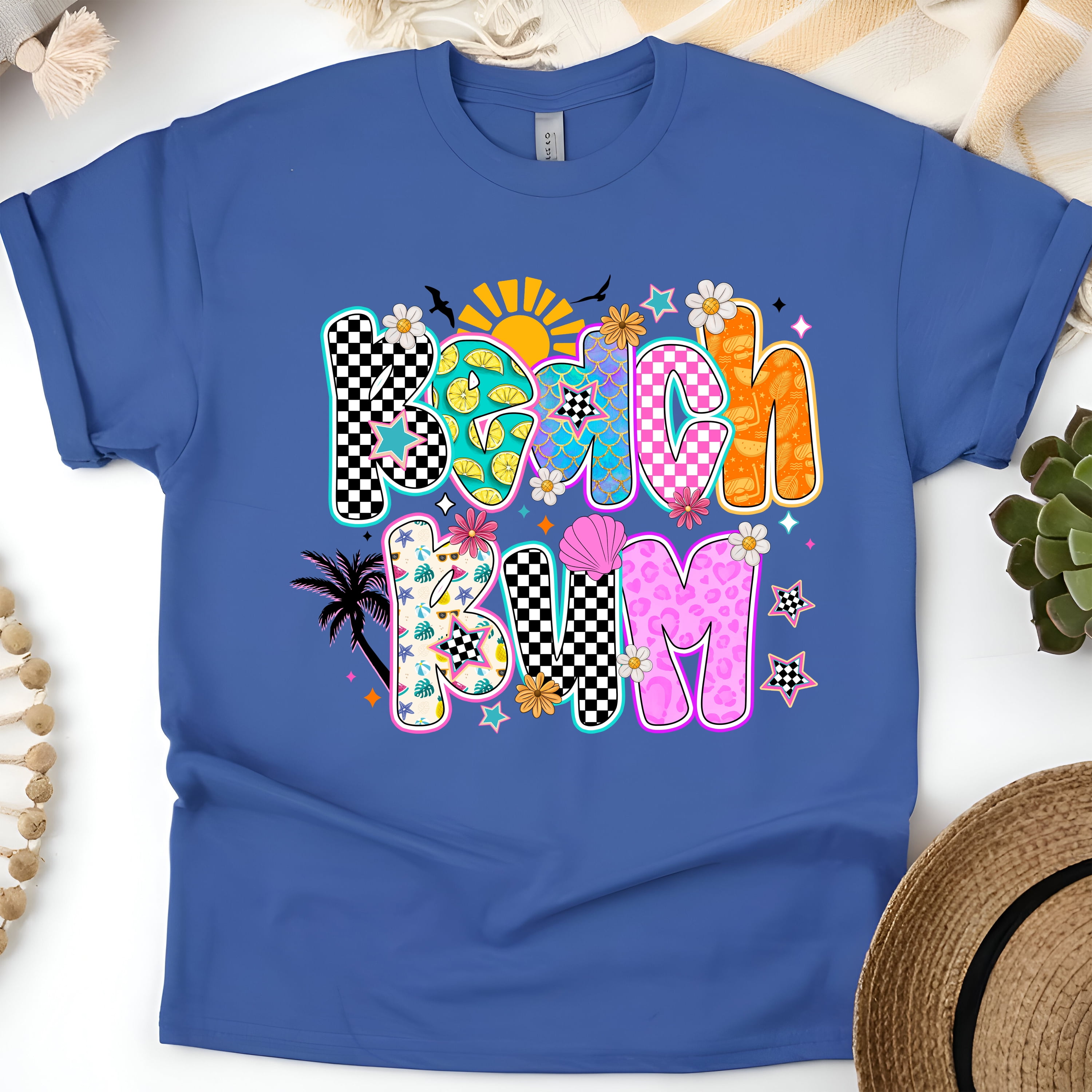 Beach Bum Retro Checkered Shirt – Funky Vacation Vibe Tee, Royal, Size ...