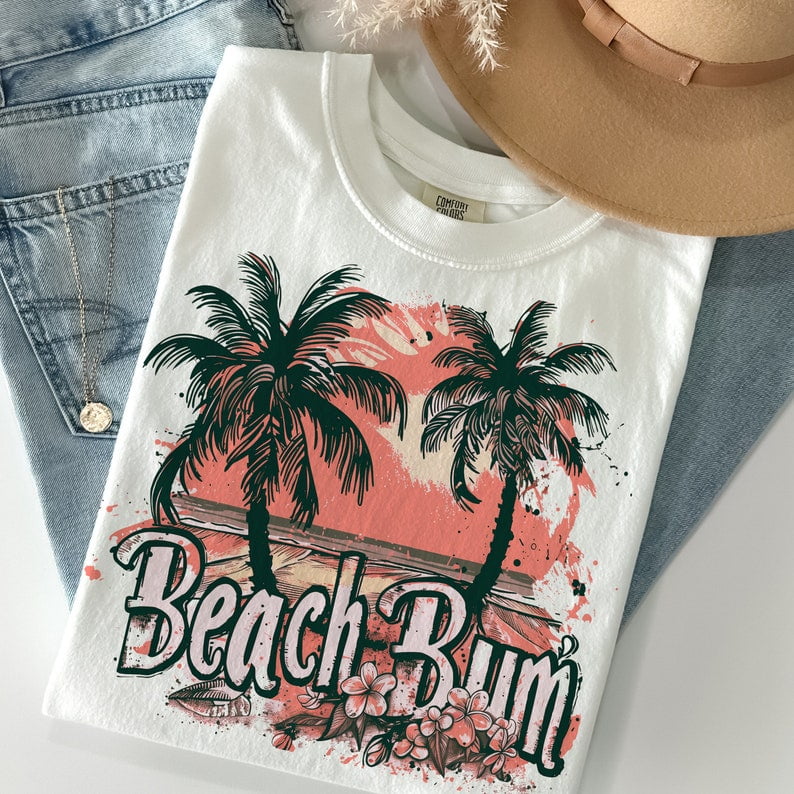 Beach Bum T-Shirt, Retro Summer Tee, Palm and Sun Sublimation Shirt ...