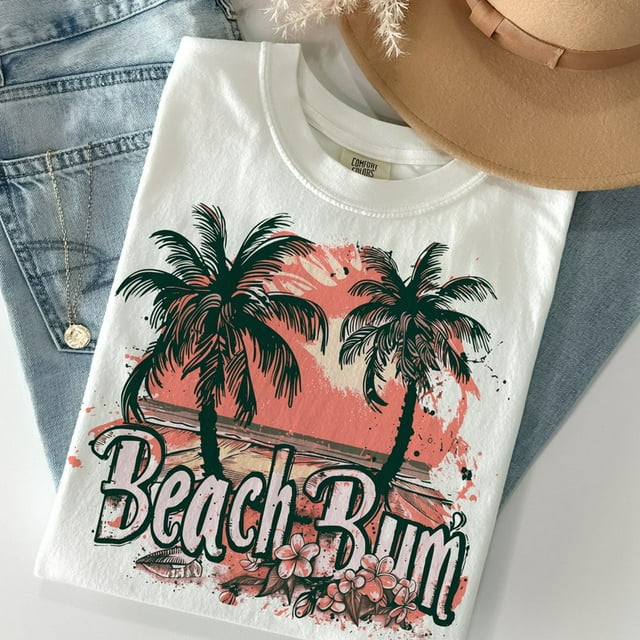 Beach Bum T-Shirt, Retro Summer Tee, Palm and Sun Sublimation Shirt ...