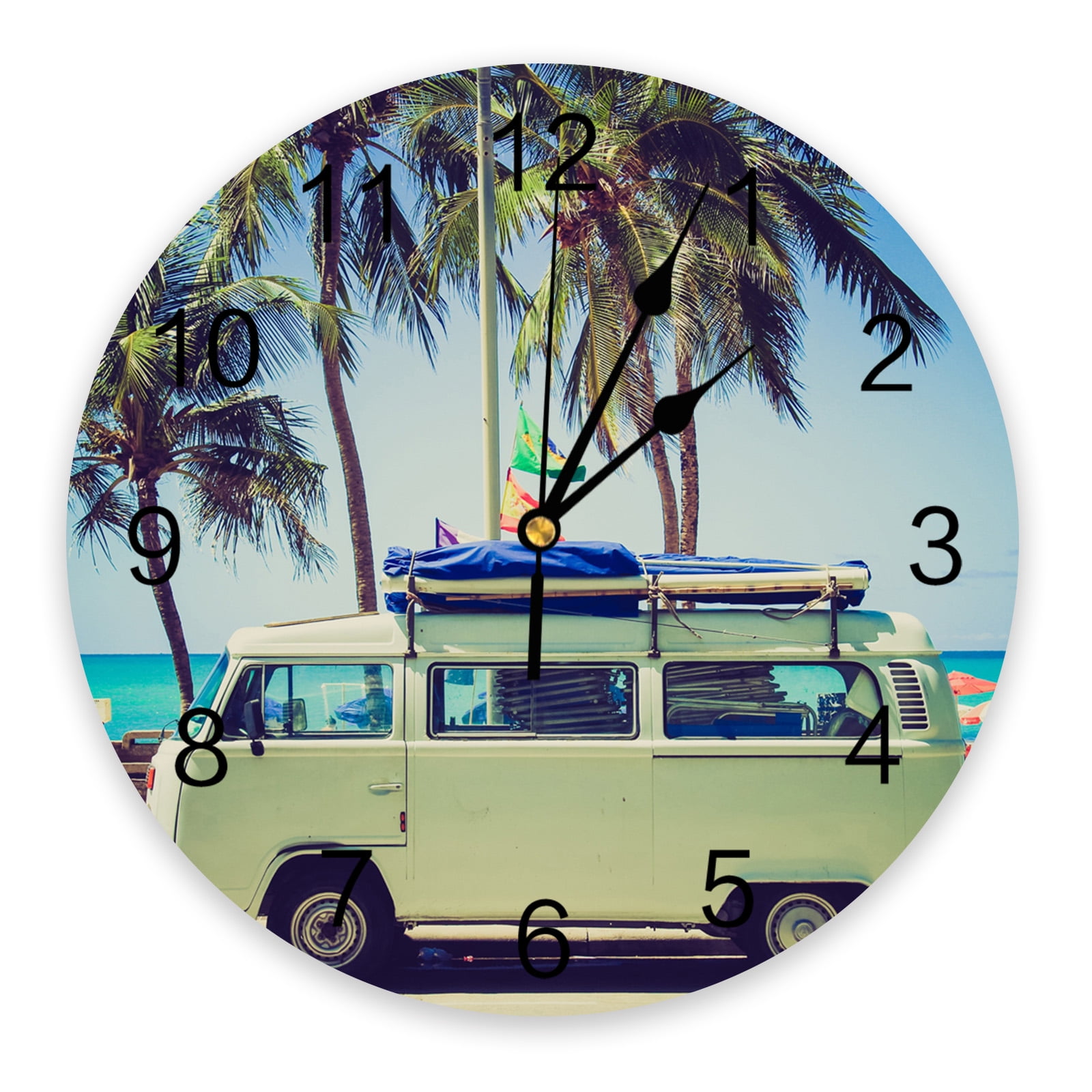 Beach Bus Palm Trees Wall Clock Large Modern Kitchen Dinning Round Wall ...