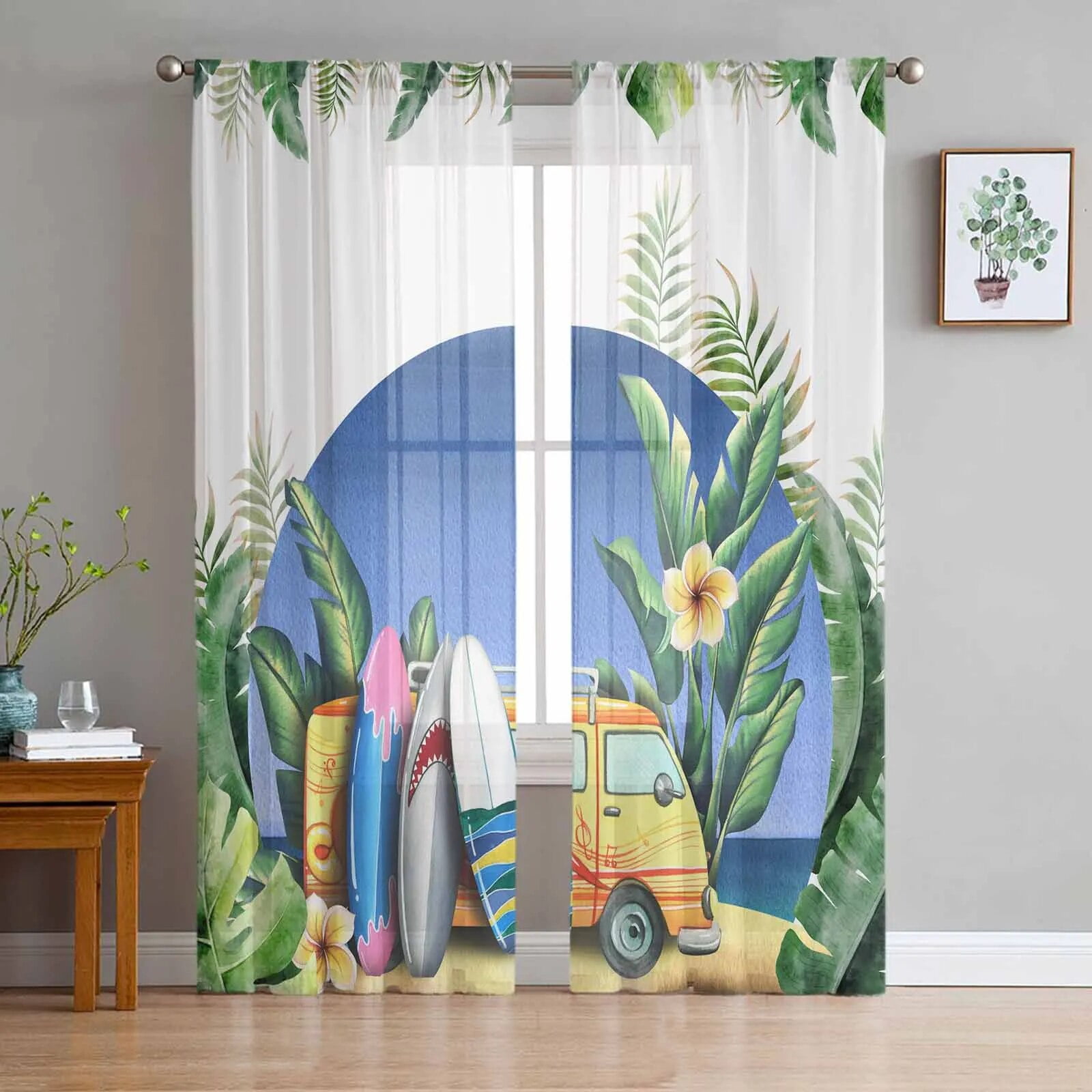 Beach Bus Tropical Leaves Summer Sheer Curtains for Living Room Kitchen ...