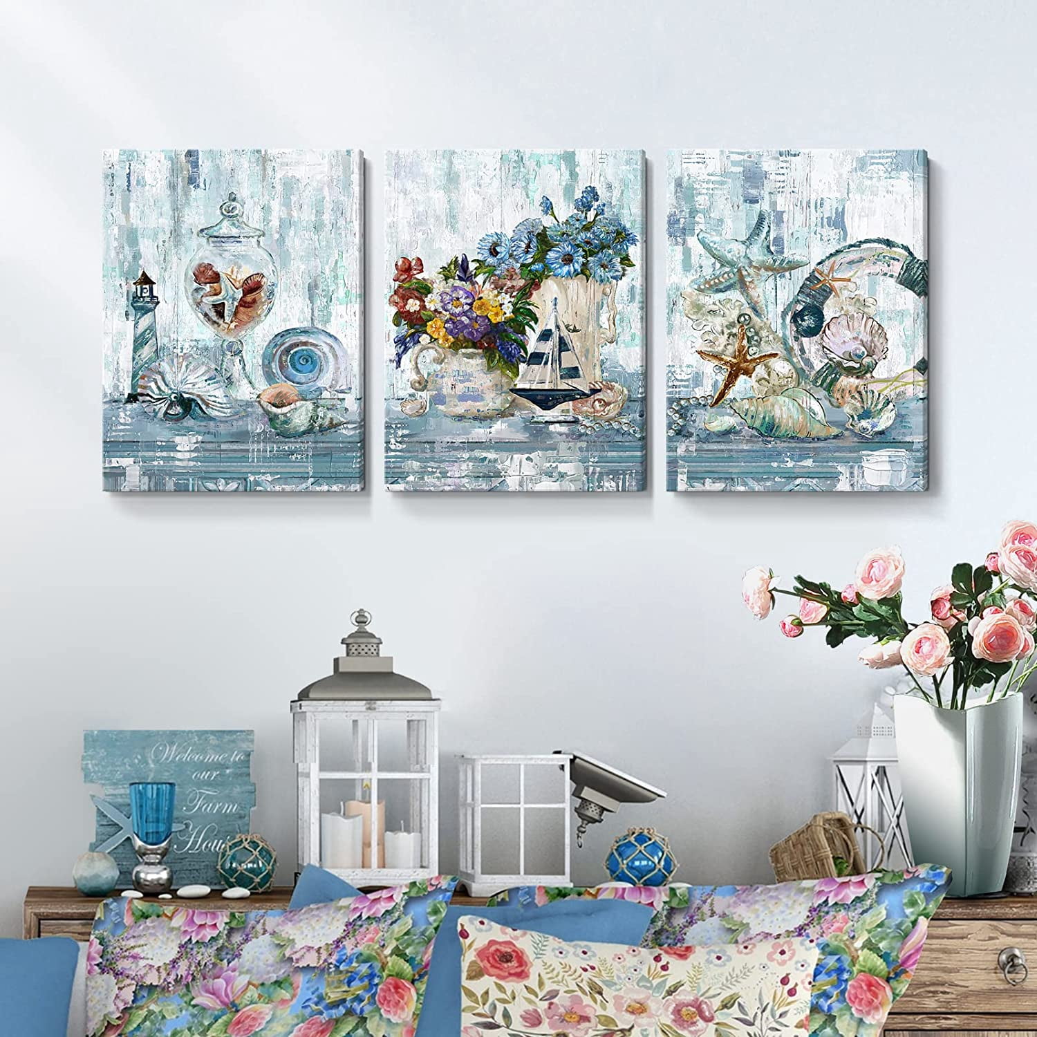 Beach Canvas Wall Art 3 Piece Ocean Theme Pictures Abstract Coastal ...