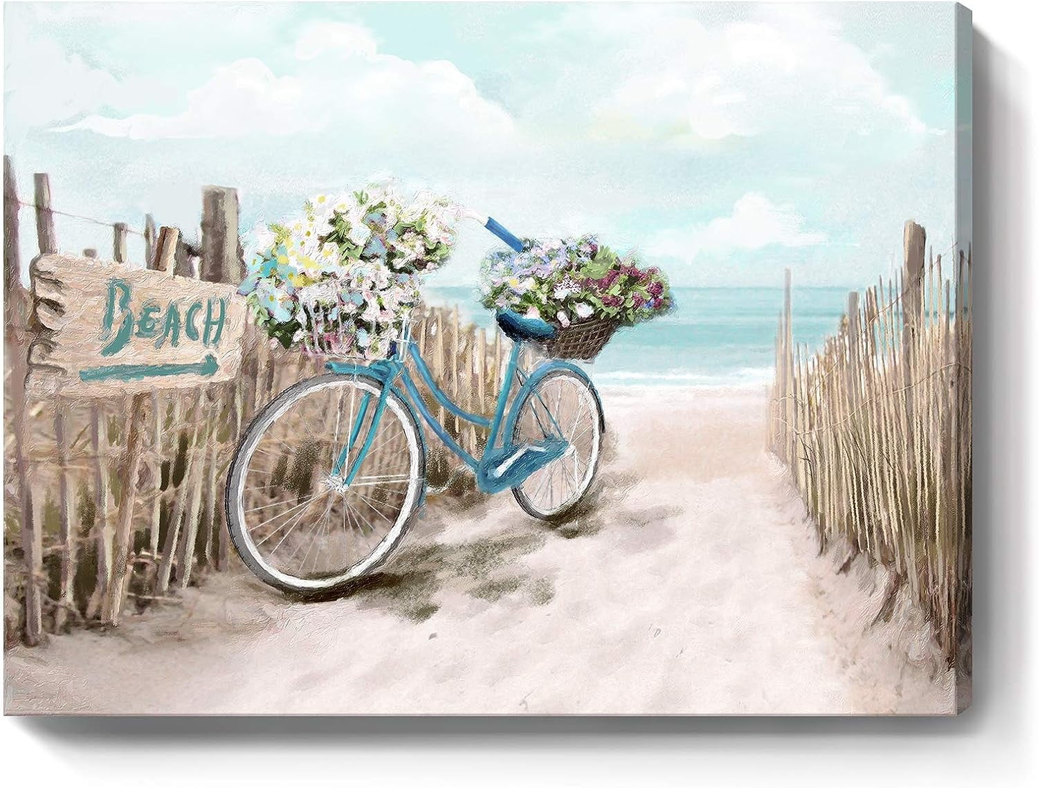 Beach Canvas Wall Art for Bathroom Ocean Pictures Seaside Bicycle ...