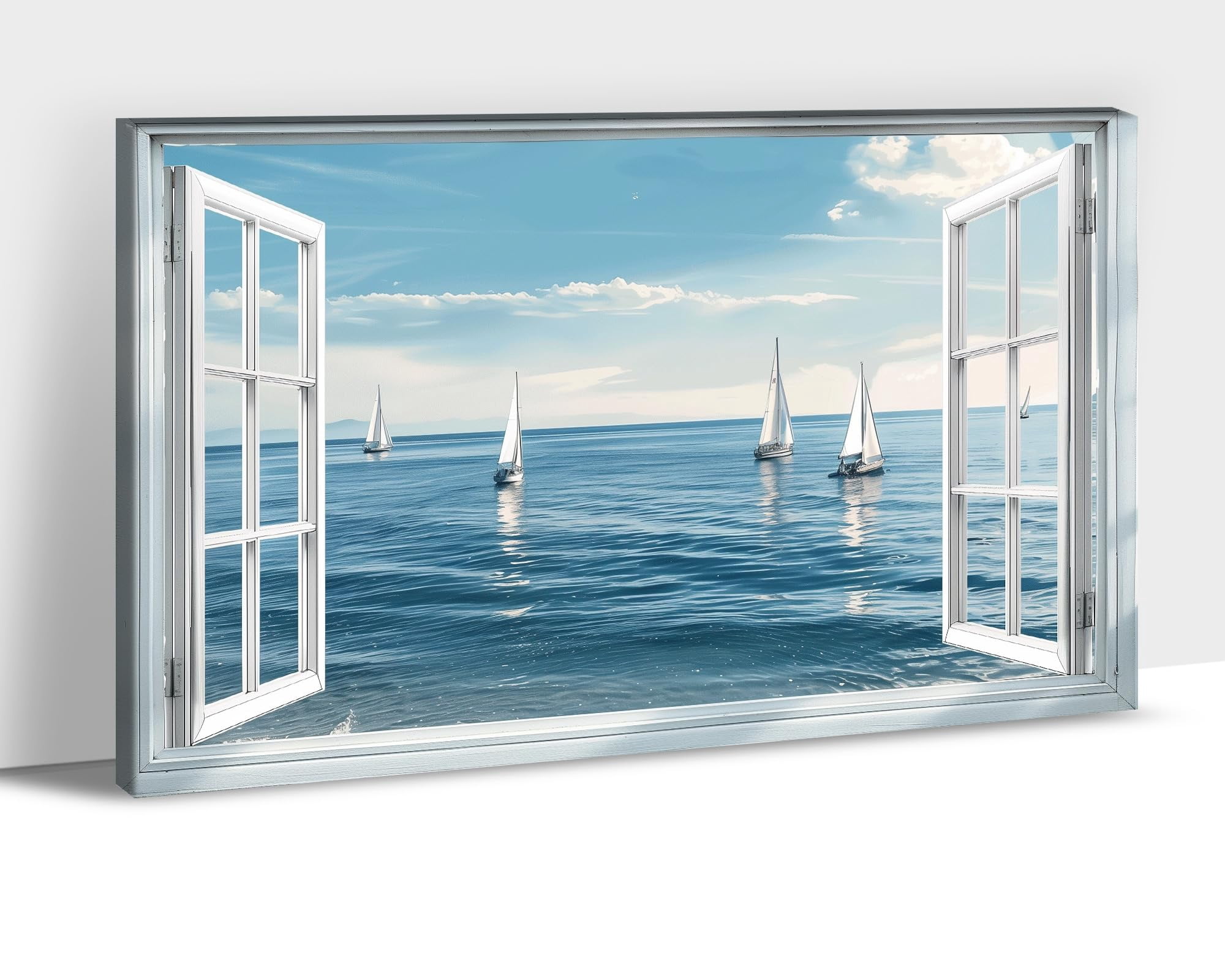 Beach Canvas Wall Art, Ocean with 3D Beach Window Pictures, Coastal ...