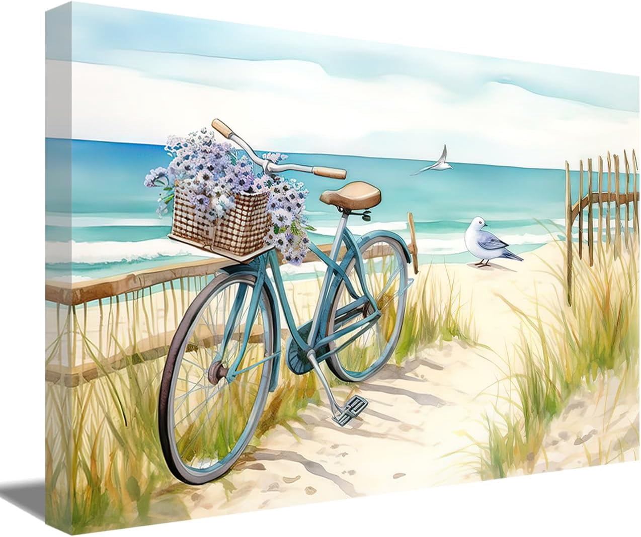 Beach Canvas Wall Art Rustic Bike Purple Floral Painting Prints Coastal ...