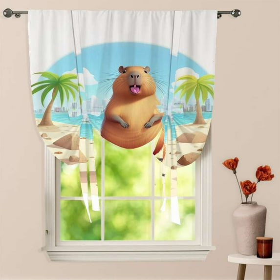 Beach Capybara Adventure Window Curtain for Living Room Roman Curtain ...