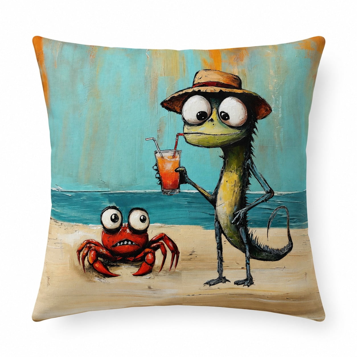 Beach Cartoon Lizard and Crab Throw Pillow Cover, One-Side Printed ...