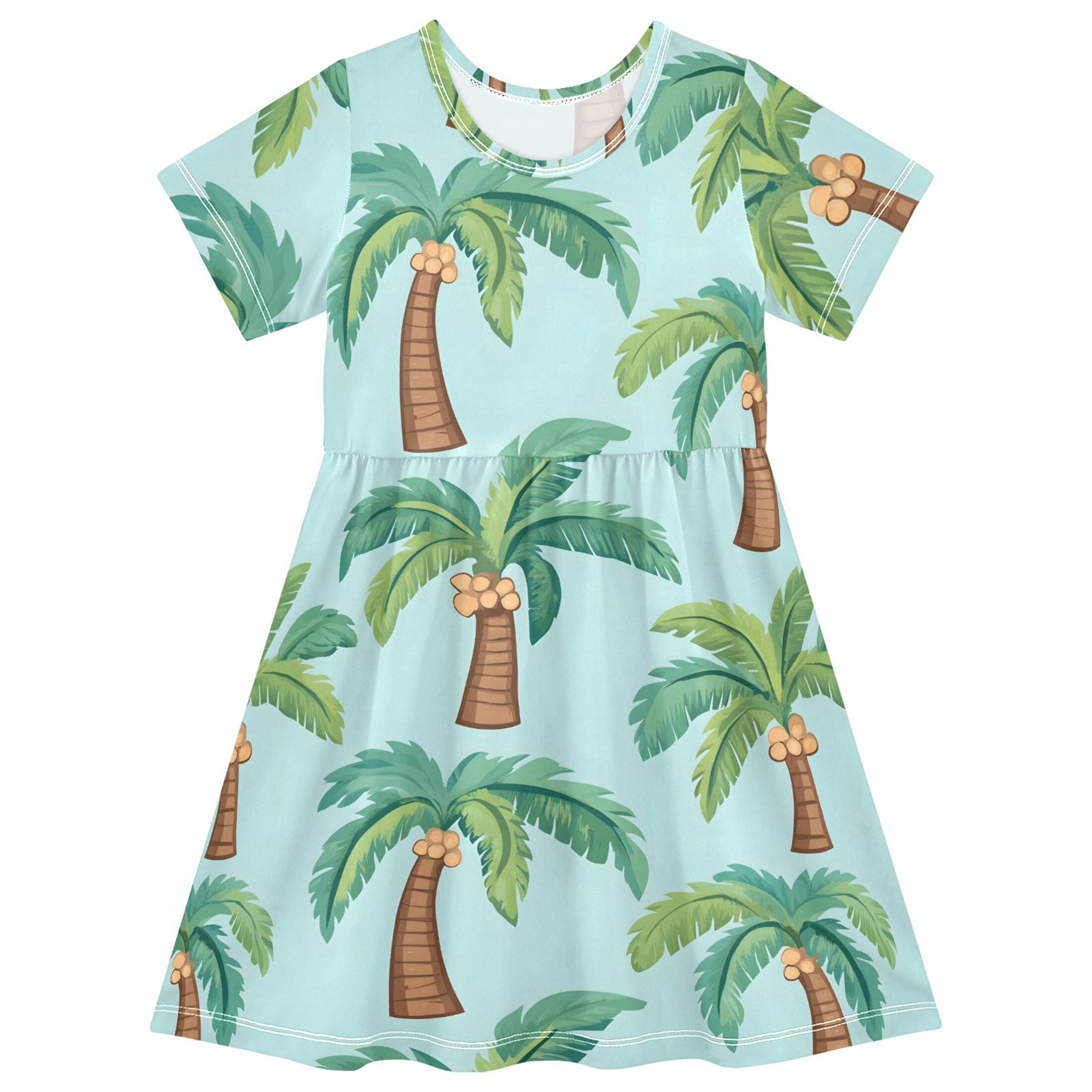 Beach Cartoon Palm Tree Pattern Girls Short Sleeve Dress A Line Sun ...