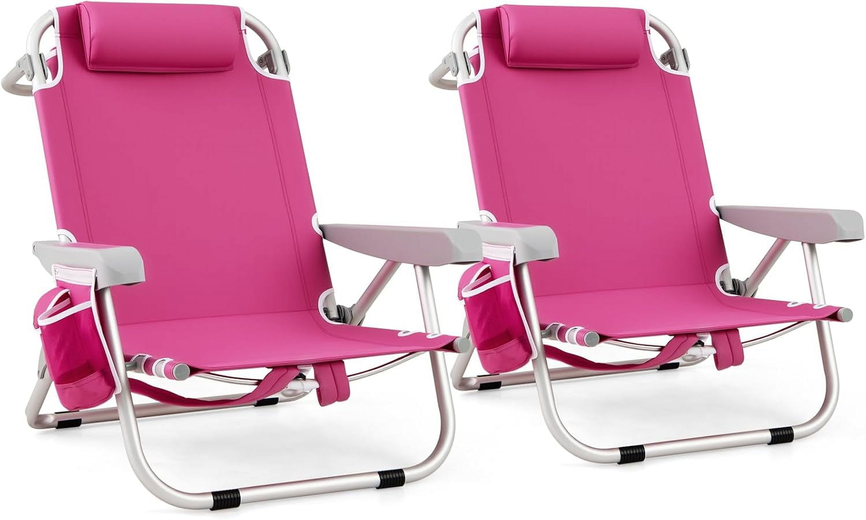 Beach Chair, 2 Pack 330lbs Folding Backpack Chairs for Adults with 5 ...