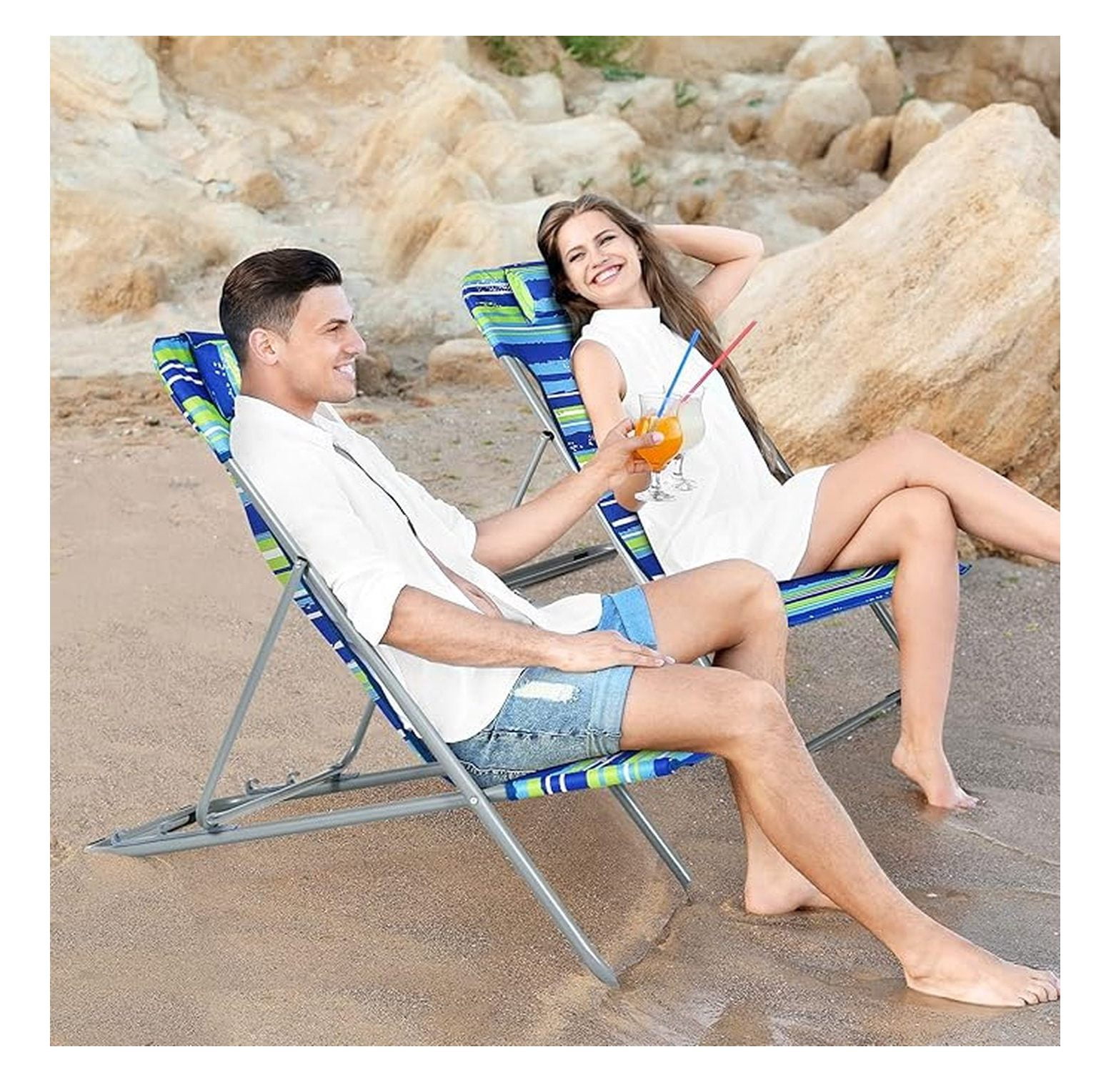 Beach Chair 2-Pack, Low Sling Folding Chairs with Adjustable Backrest ...