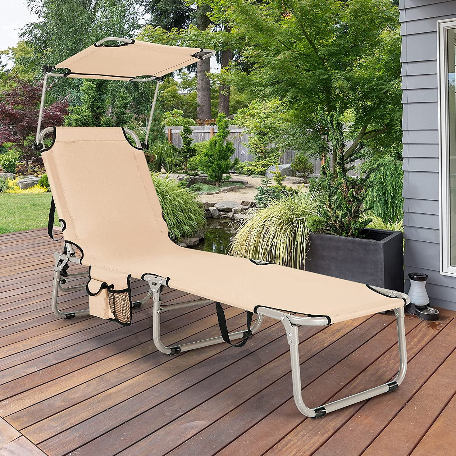 Beach Chair with Canopy Shade, Folding Tanning Lounge with Adjustable ...