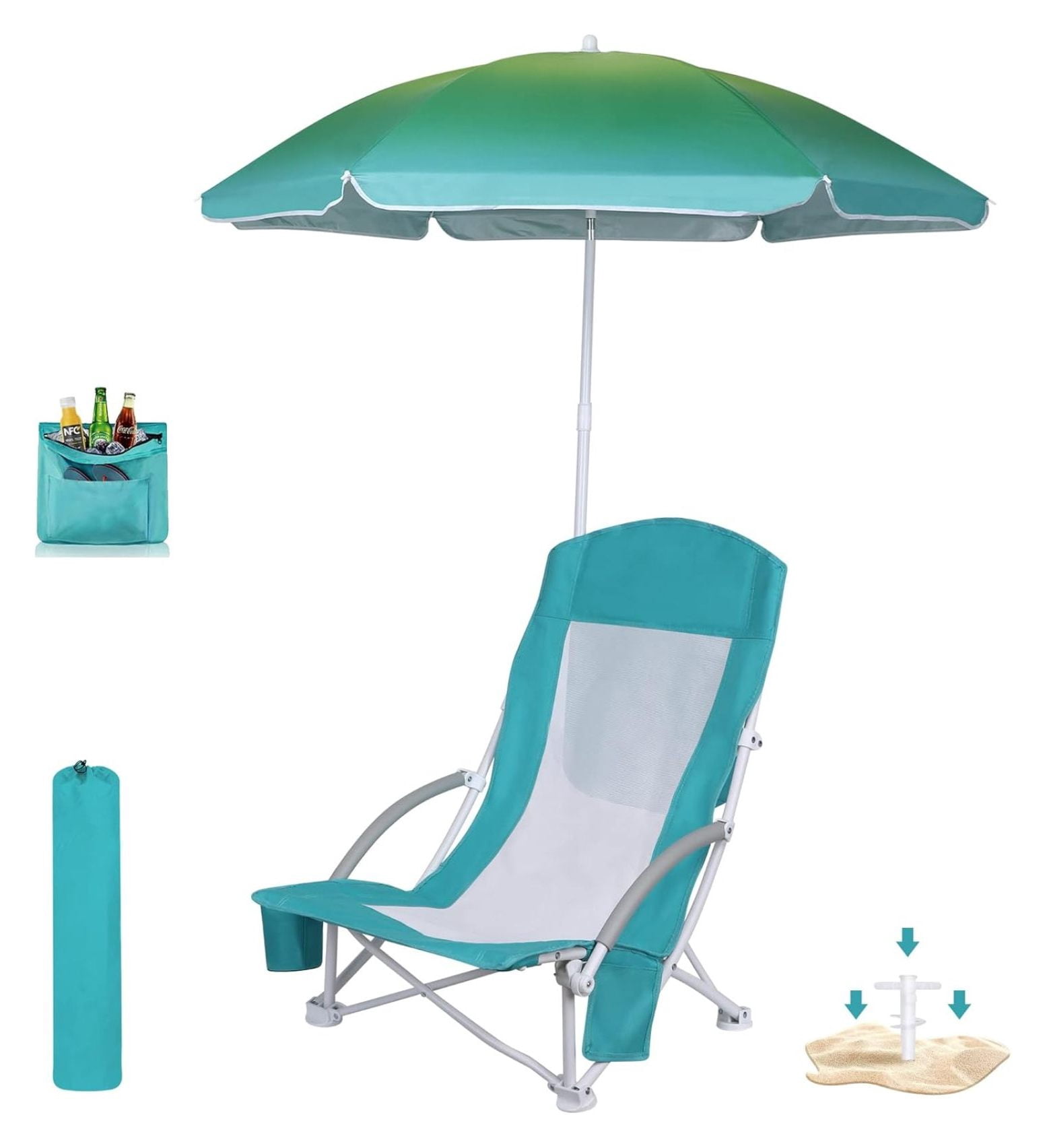 Beach Chair Folding Chair for Adults with Umbrella & Cooler - Portable ...
