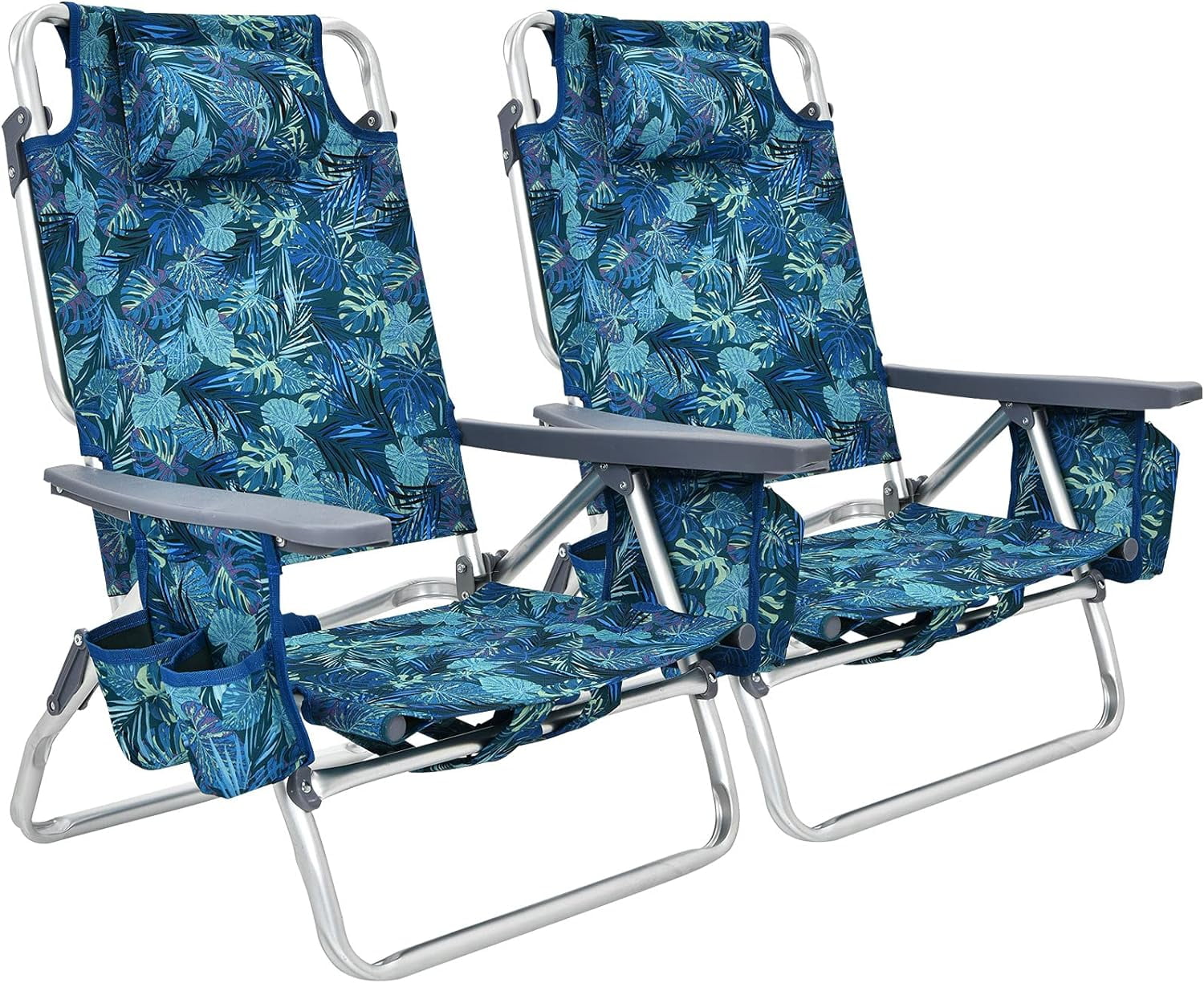Beach Chair Set of 2, Folding Camping Chairs, 5-Position Adjustable ...