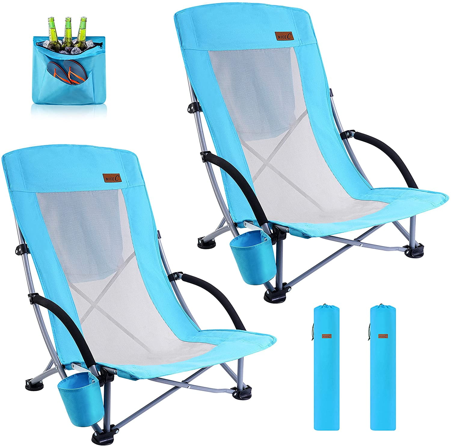 Beach Chair for Adults 2 Pack with Cooler Bag High Back Cup Holder and ...