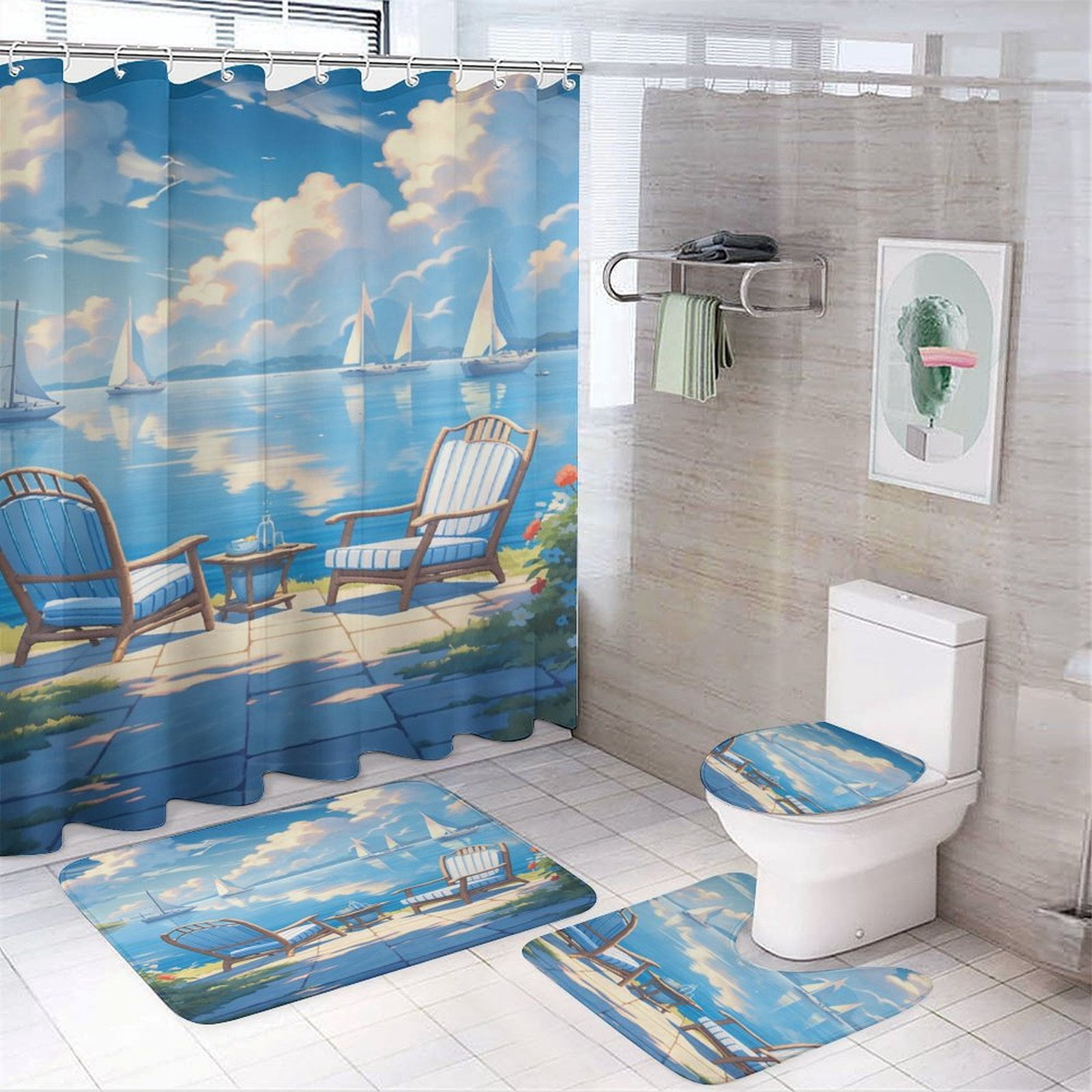 Beach Chairs-7 4 Piece Shower Curtain Sets Bathroom Decor Set with Non ...