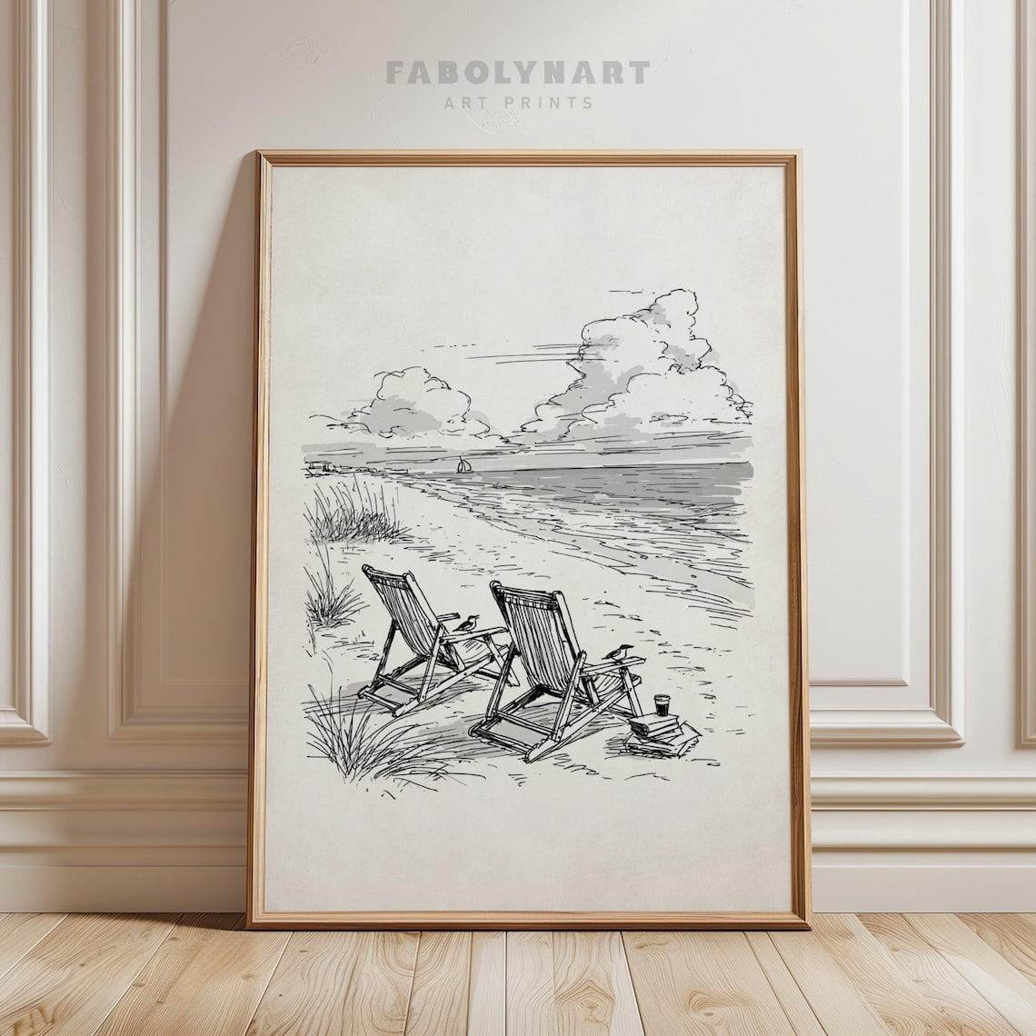 Beach Chairs Ocean Wall Art, Coastal Sketch Drawing, Minimalist Summer ...