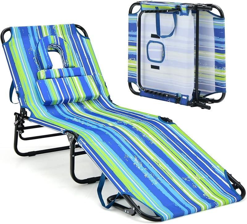 Beach Chaise Lounge Chair with Face Hole & Detachable Pillows, Portable ...