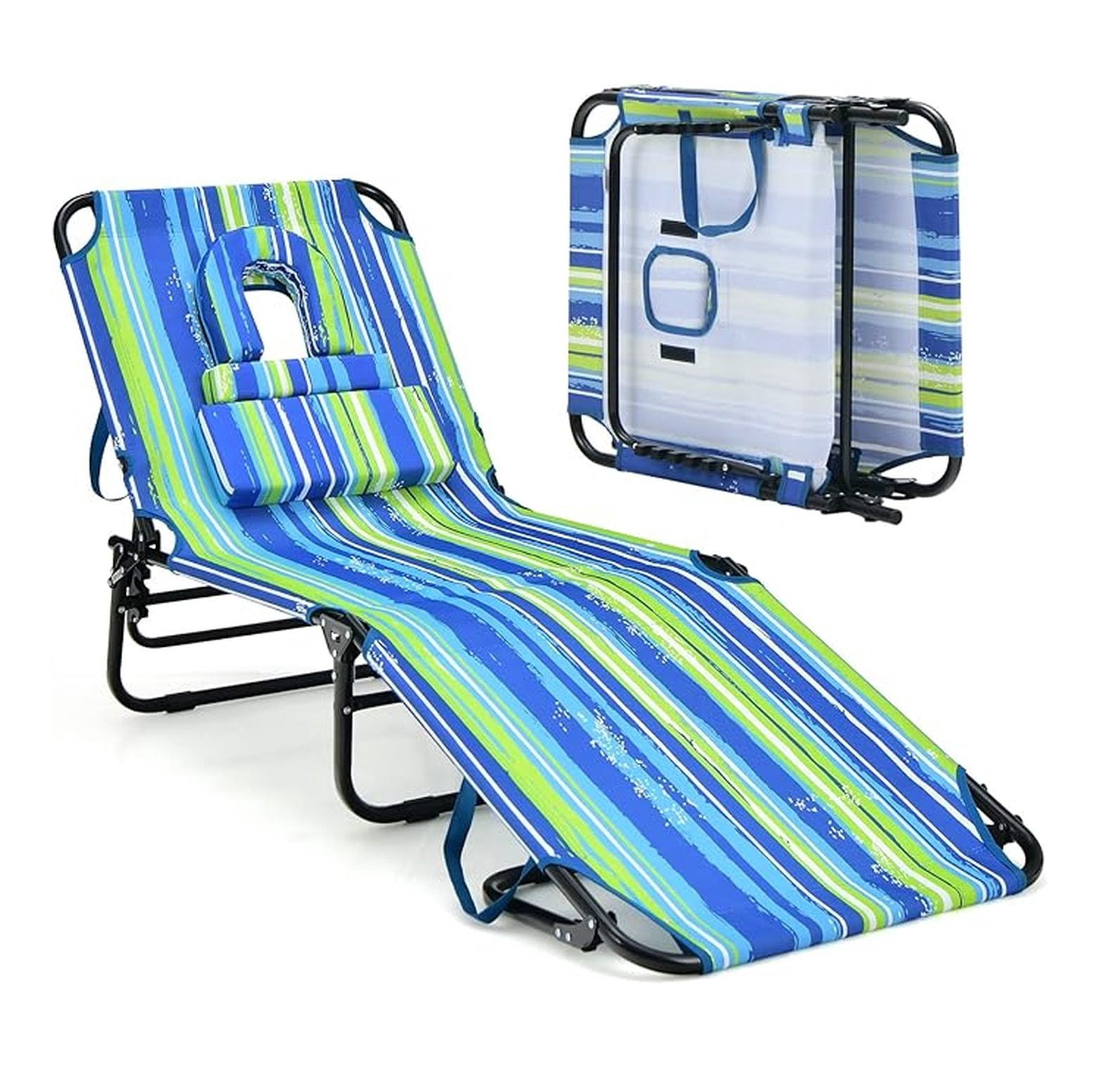 Beach Chaise Lounge Chair with Face Hole, Portable Sunbathing Chair 5 ...