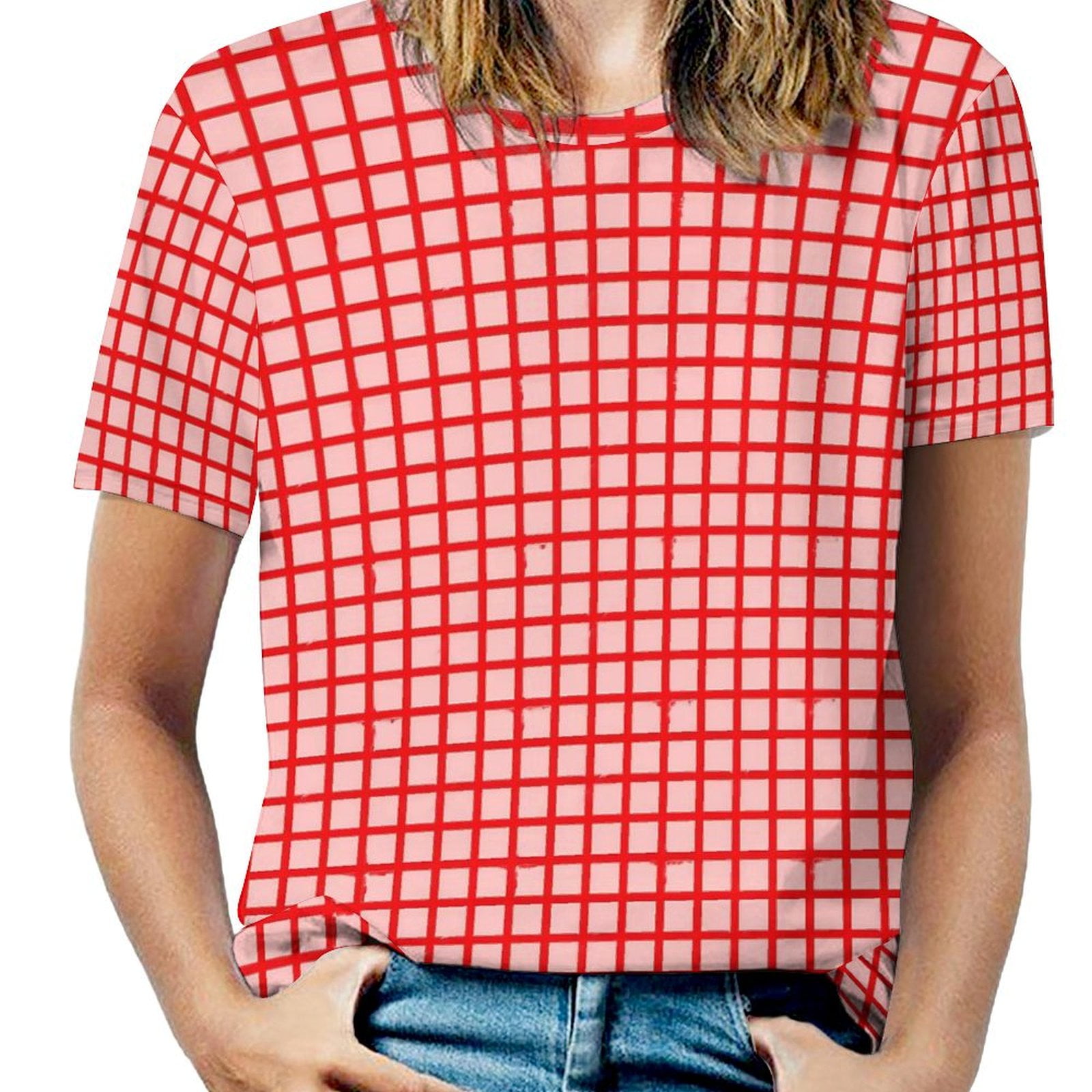 Beach Check Print T-Shirts Red and Pink Casual T-Shirt Women Short ...