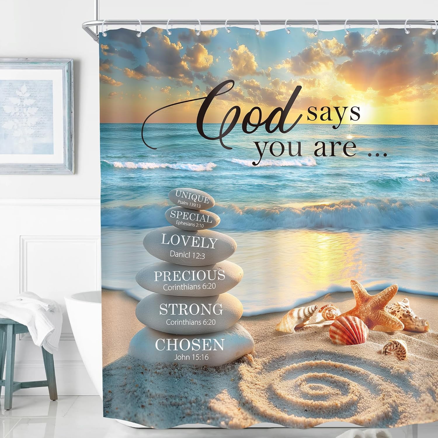 Beach Christian Shower Curtain 72"W x 72"L Ocean Bathroom Decor ...