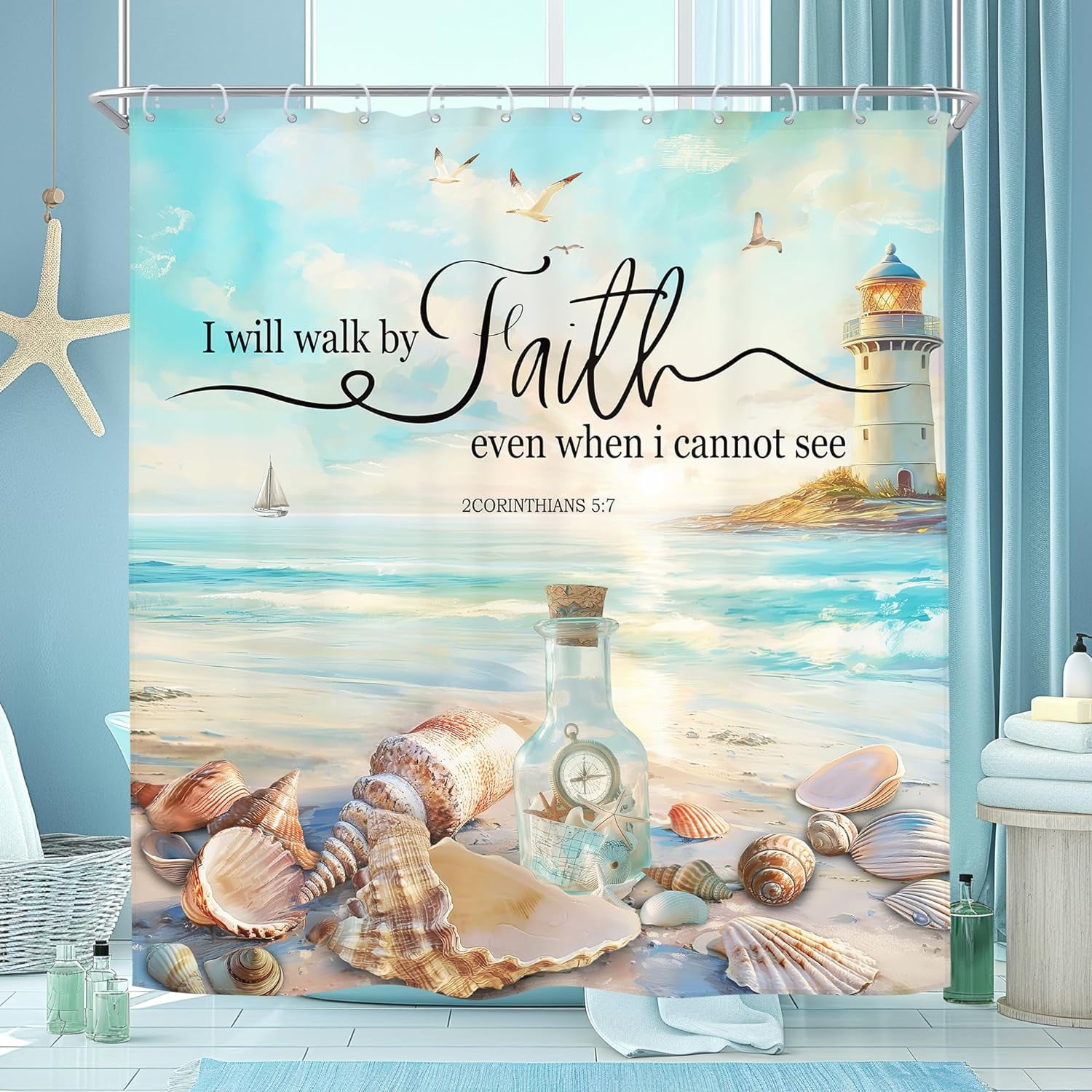 Beach Christian Shower Curtain Bible Verse Scripture Ocean Beachy ...