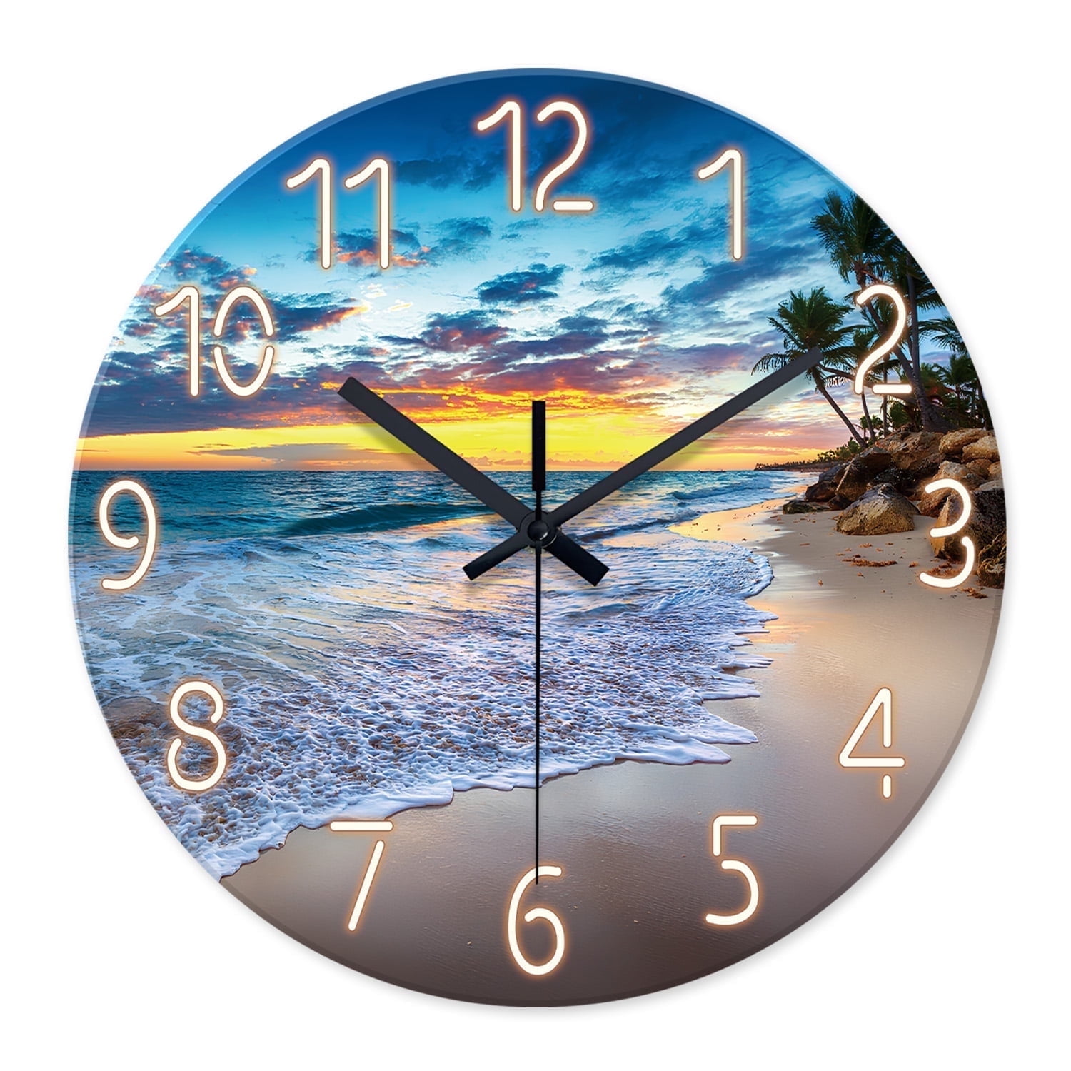 Beach Wall Clock Battery Operated 14 Inch Silent Blue Ocean Sunset ...