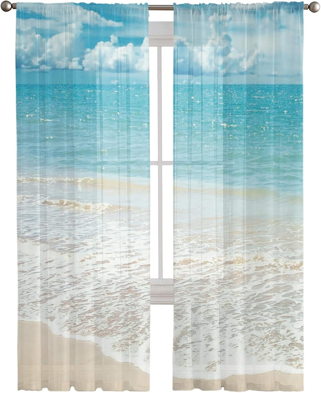 Beach Cloud Sheer Curtain 63 Inch Length 2 Panels Light Filtering Blue Sky and Sea Window ...