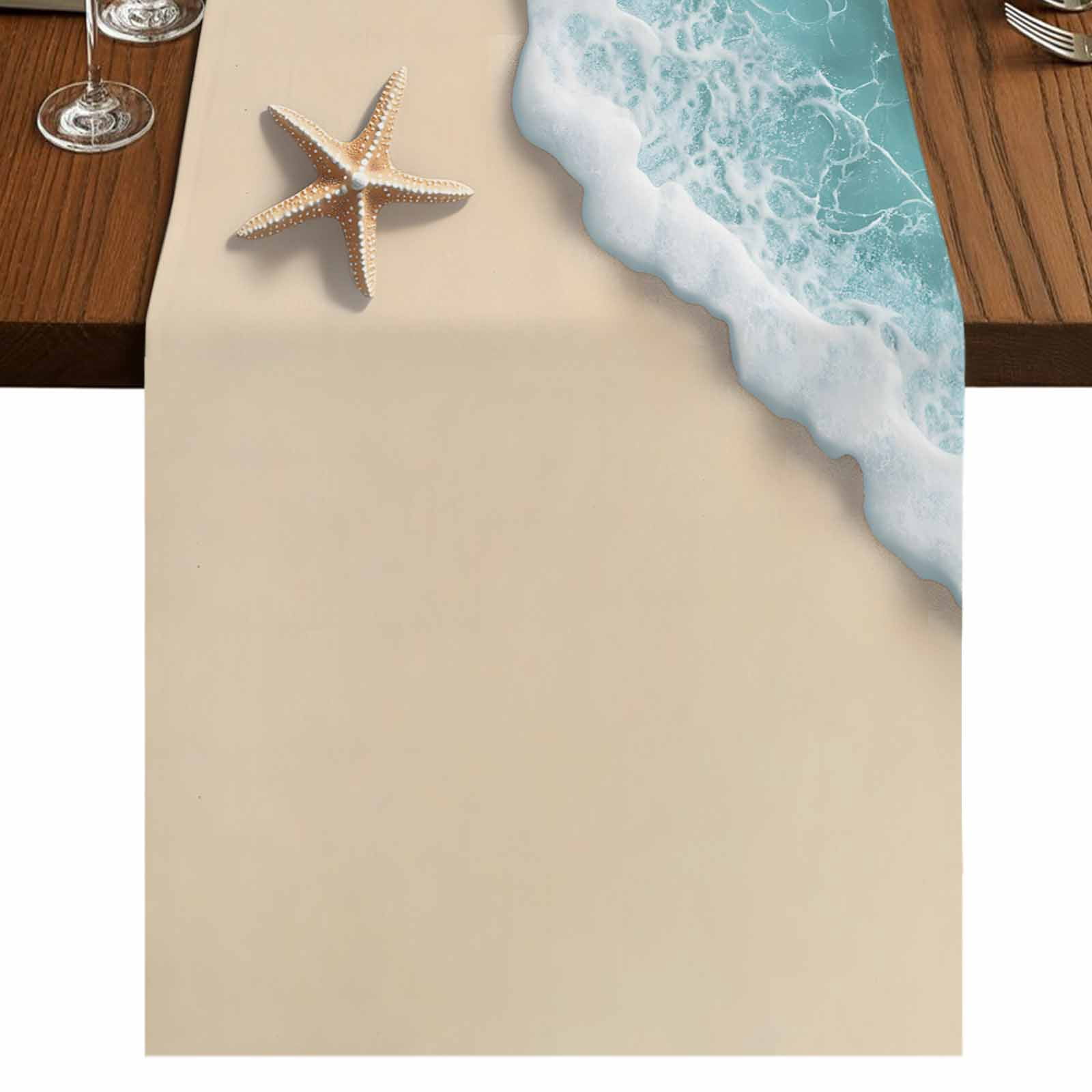 Beach Coastal 120 Inch Table Runner, Summer Nautical Starfish Aqua ...