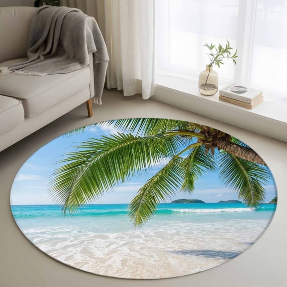 Beach Coastal 4FT Round Area Rugs Starfish Palm Tree Sky Tropical Soft ...