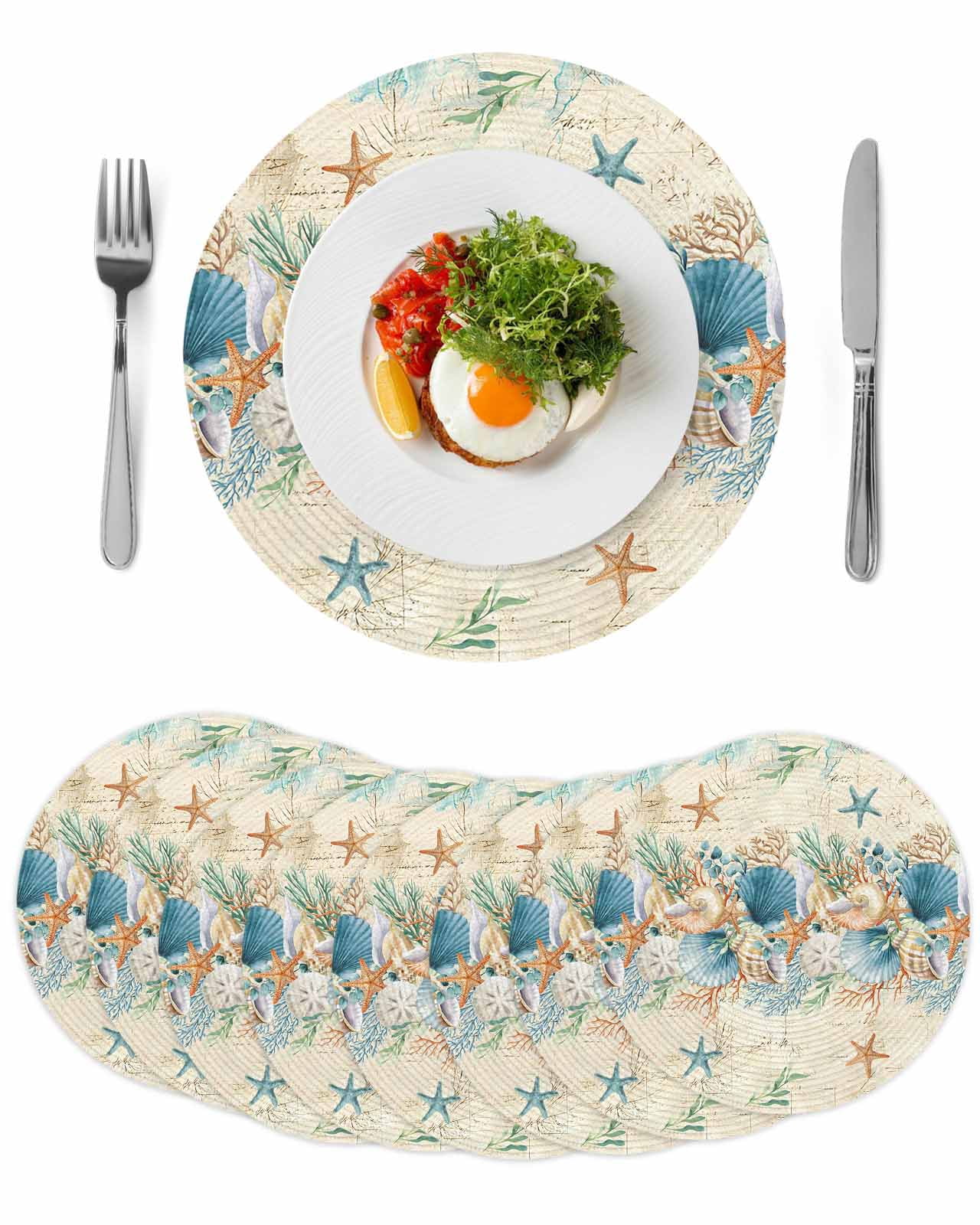 Beach Coastal Beige Round 13 Inch Placemats Set of 8, Nautical Shell ...