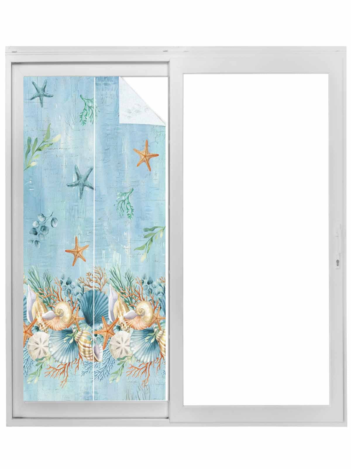 Beach Coastal Blue Window Privacy Film, Nautical Shell Starfish Coral ...