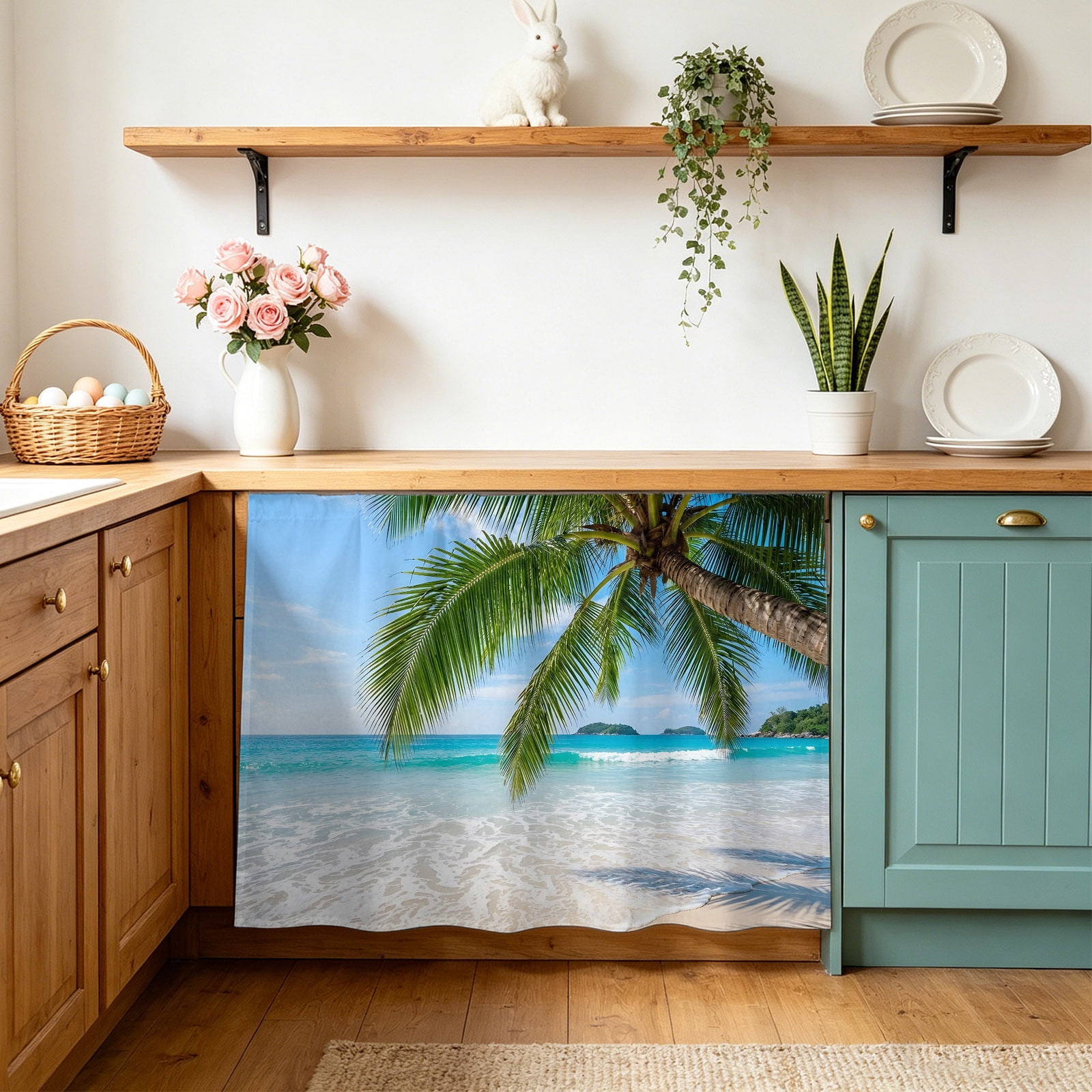 Beach Coastal Cabinet Curtains 28" W x 35" L Starfish Palm Tree Sky ...