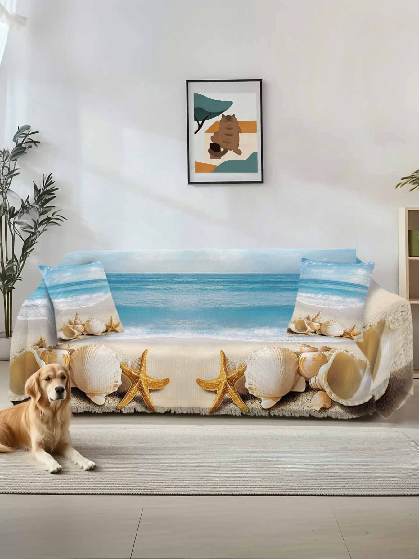 Beach Coastal Couch Cover for 2 Cushion Sofa, Summer Nautical Seaside ...