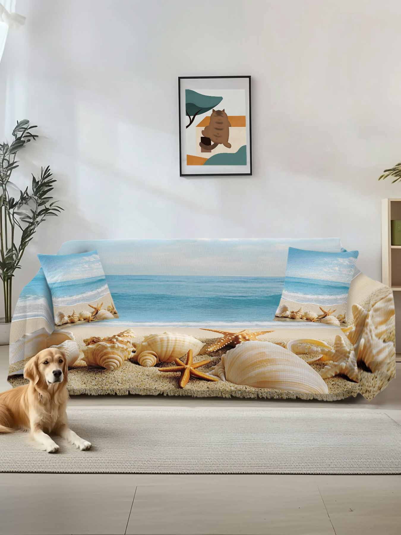 Beach Coastal Couch Cover, Summer Seaside Shell Starfish Nautical Sofa ...