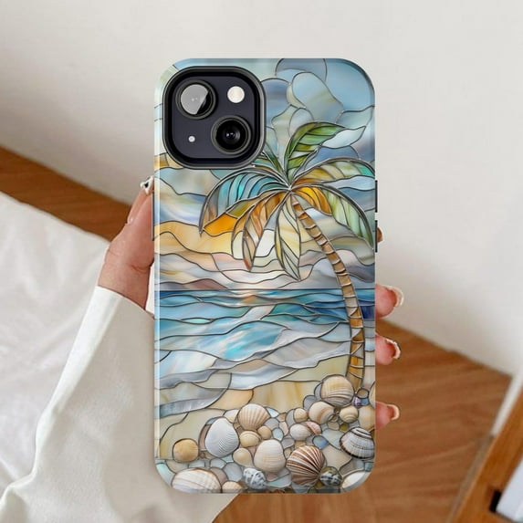 Beach Coastal Faux Stained Glass Palm Tree Waves Phone Case iPhone 17 ...