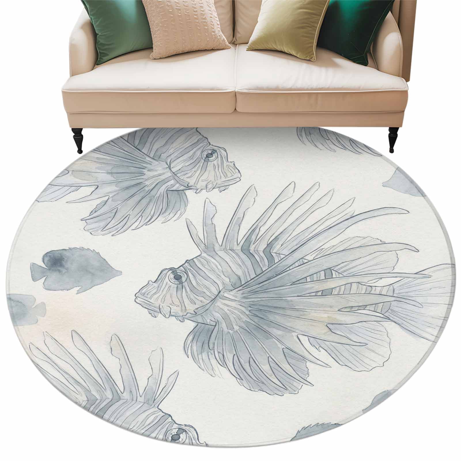 Beach Coastal Fish Round Area Rugs Collection 7', Watercolor Sea Ocean ...