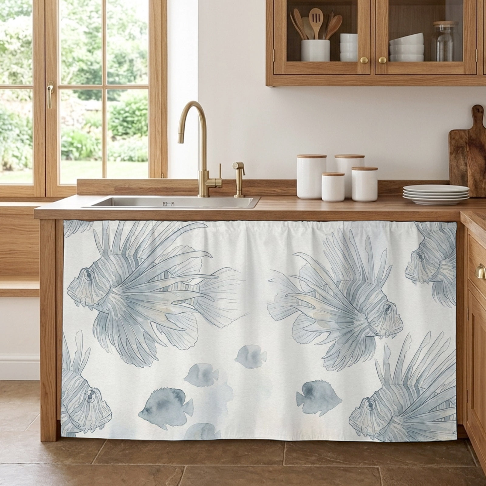Beach Coastal Fish Sink Skirt Curtain 32''x55'', Watercolor Sea Ocean ...