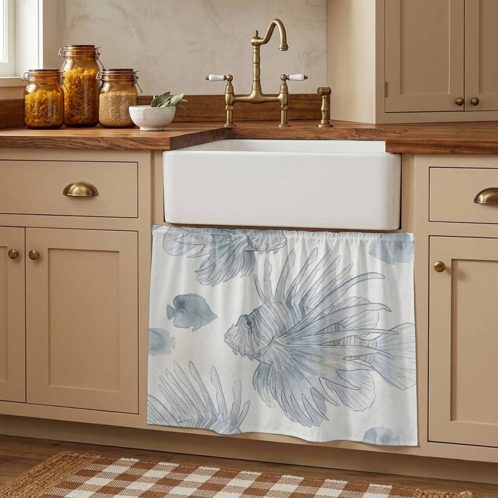 Beach Coastal Fish Small Cabinet Curtains 11"W x 13"L, Watercolor Sea ...