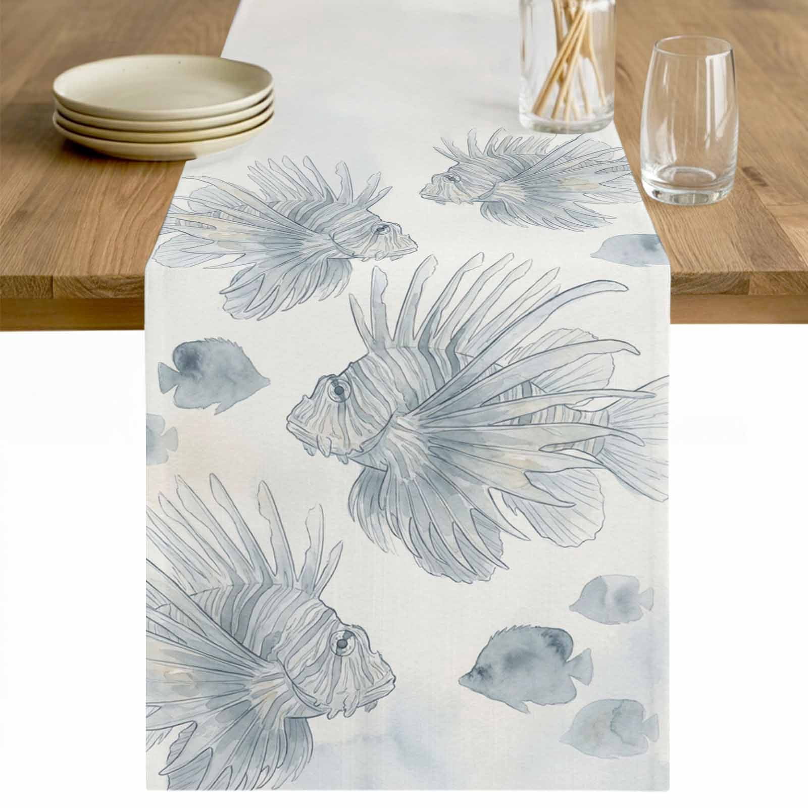 Beach Coastal Fish Table Runner - 90 Inch Long Watercolor Sea Ocean ...