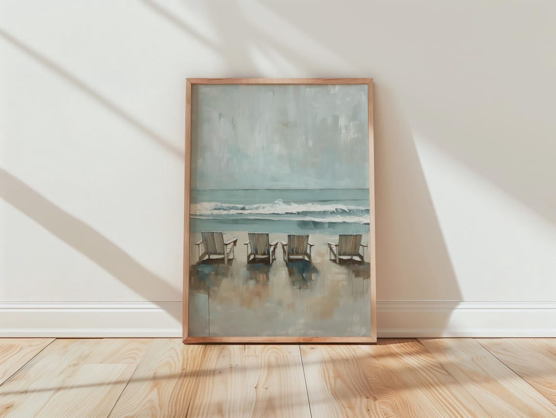 Beach Coastal Ocean Blue and Tan Adirondack Chairs Living Room Poster ...