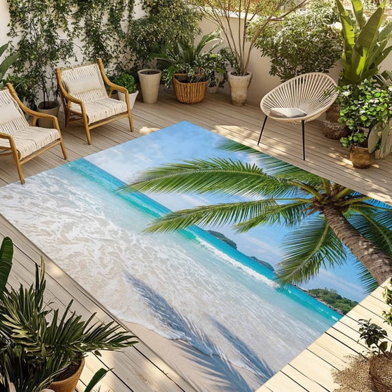 Beach Coastal Outdoor Rug 3x5 ft Starfish Palm Tree Sky Tropical Non ...