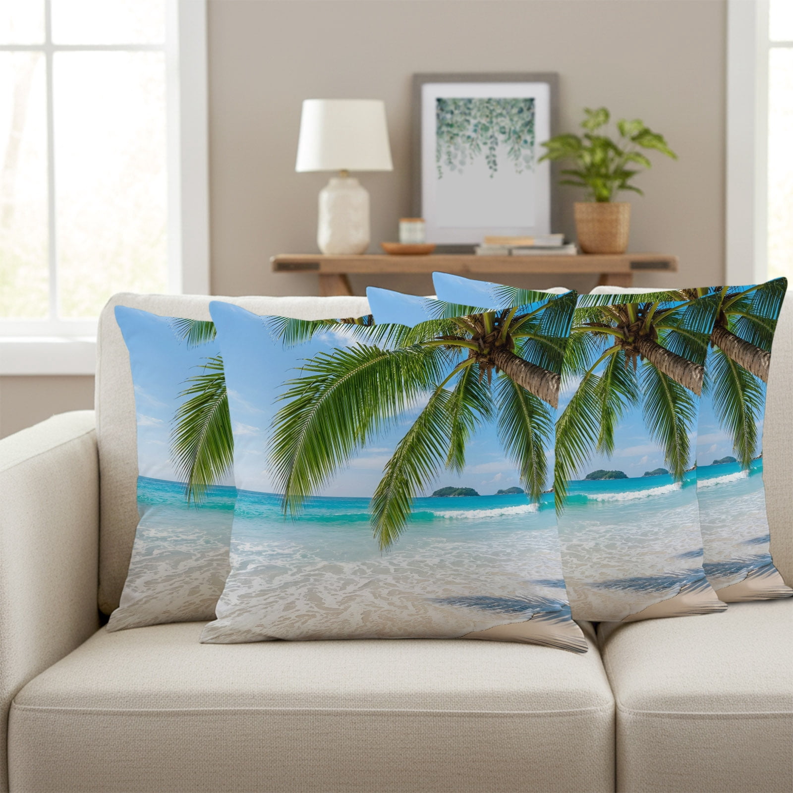 Beach Coastal Pillow Covers Set of 4, Starfish Palm Tree Sky Tropical ...